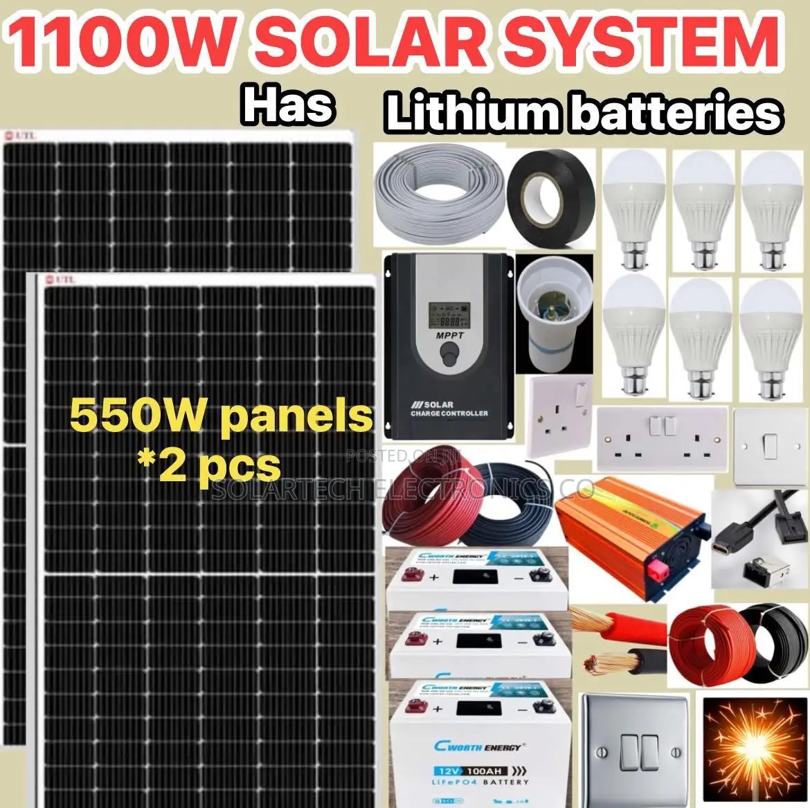 1100w Complete Solar System Kit With Lithium Ion Batteries in Central ...