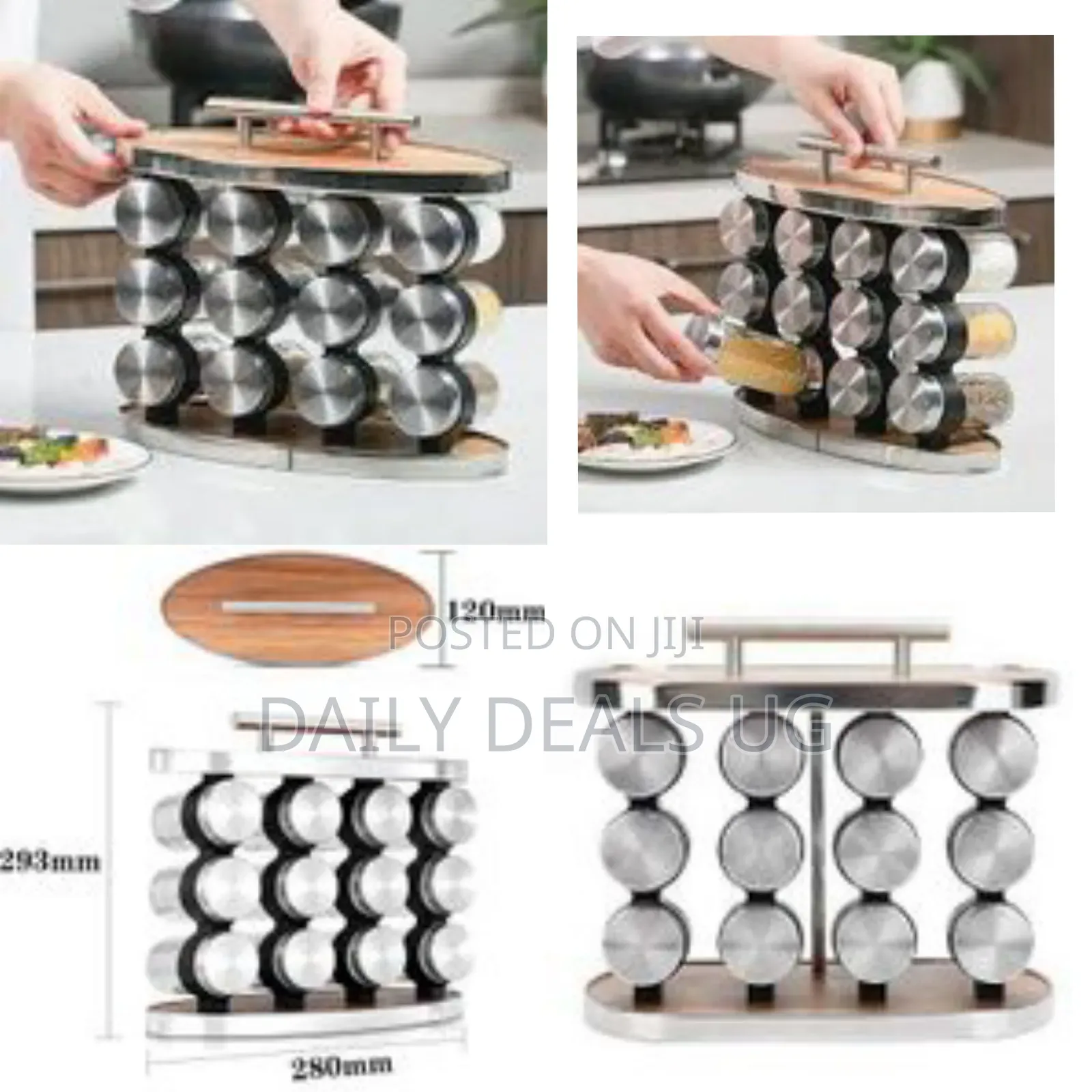 Oval Wood Rotating Grain Spice Rack Storage Set With 12 Spice Jars in ...
