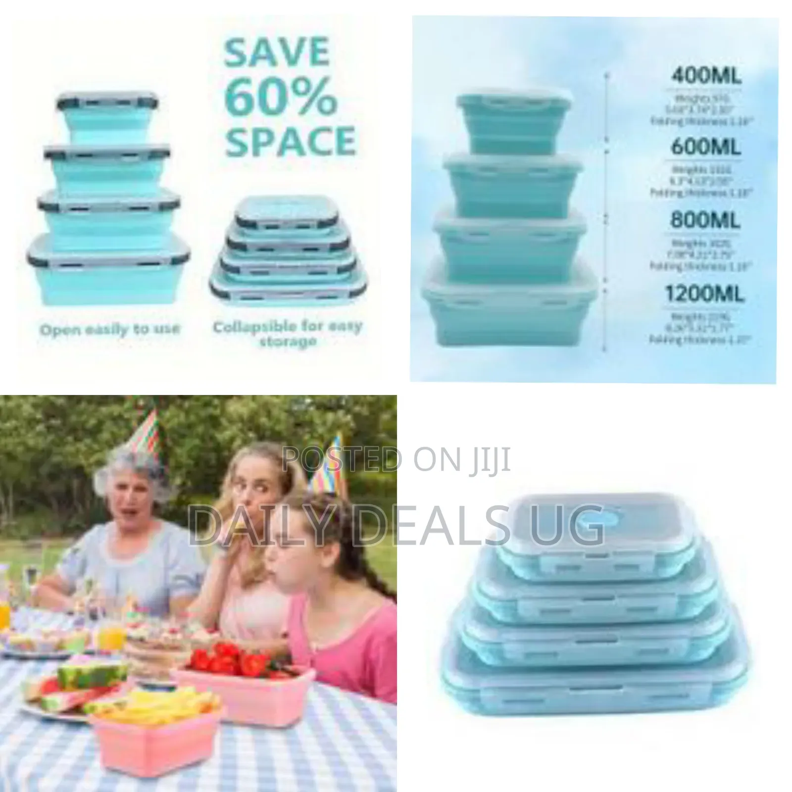 4 Pack Silicon Lunch Box Flat Stacks Collapsible Food Storage in ...