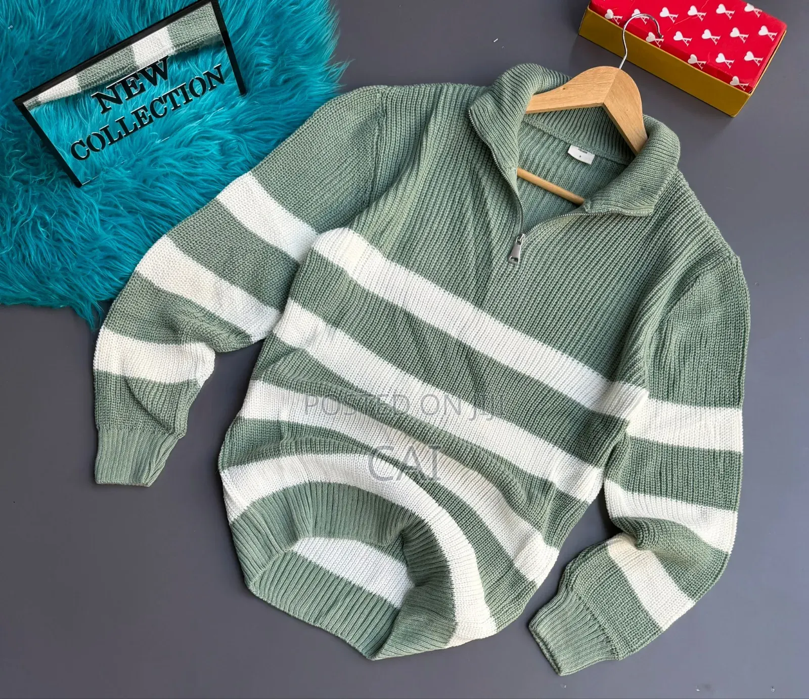 Funnel Neck Long Sleeve Striped Men's Knitwear Quarter Zip Sweater. in ...